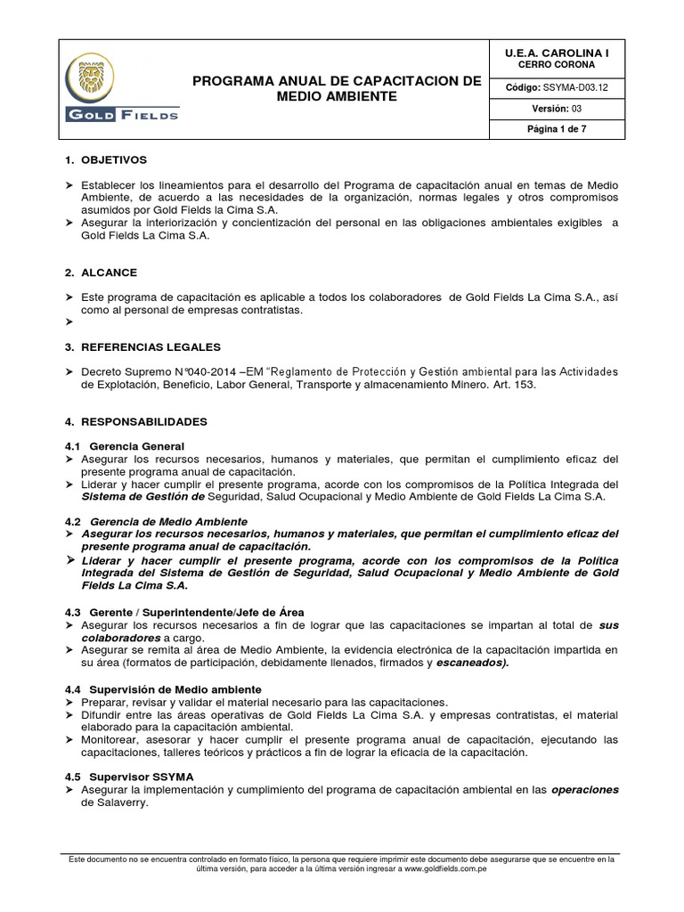 SSYMA-D03.12 Programa Anual de Capacitación de Medio Ambiente 2017 V3 | PDF | Minería | Economias