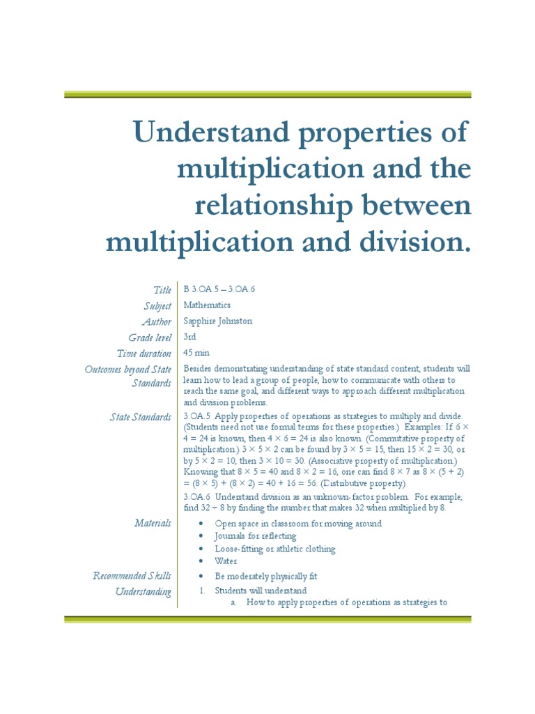 Understand Properties of Multiplication and The Relationship Between ...