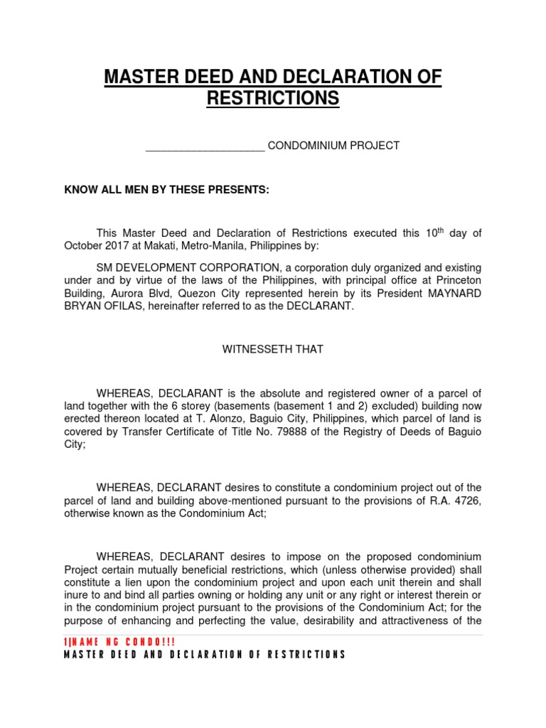 Master Deed With Declaration of Restrictions Ofilas Maynard (1 ...