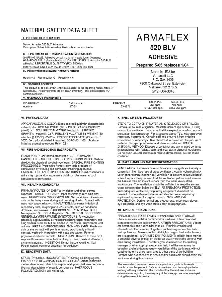 Armaflex 520 BLV Adhesive MSDS | PDF | Breathing | Respiratory System