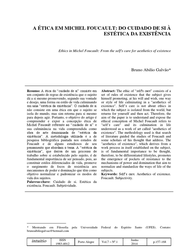 A Ética de Foucault Do Cuidado de Si A Estetica Da Existencia | PDF ...