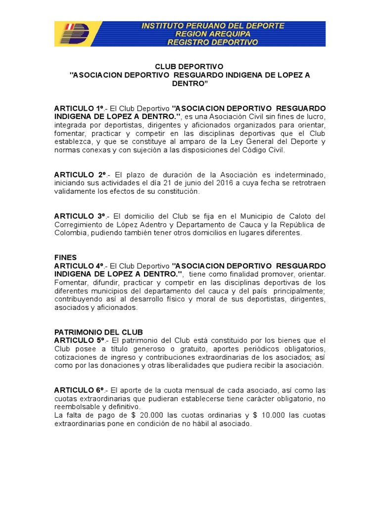 Modelo de Estatuto de Asociacion Deportiva | PDF | Presupuesto ... Modelo de Estatuto de Asociacion Deportiva | PDF | Presupuesto ...