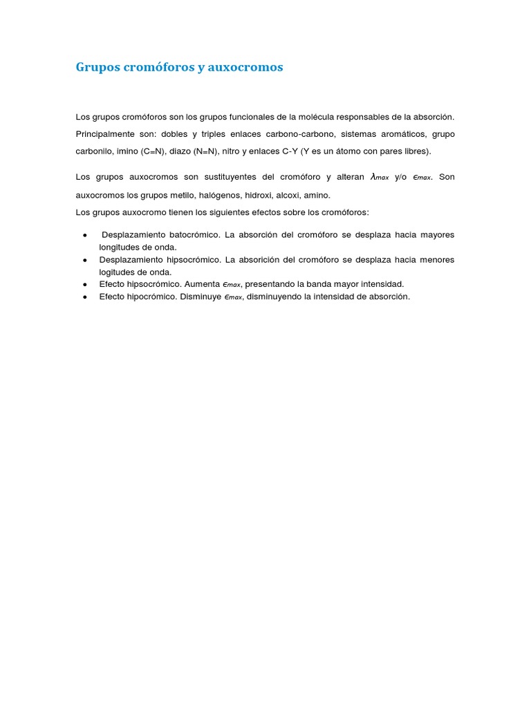 Grupos Cromóforos y Auxocromos | PDF | Cromóforo | Ciencias fisicas