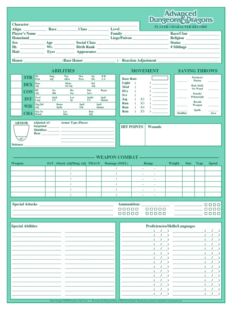 AD&D 2e Character Sheet | Gaming | Role Playing Games