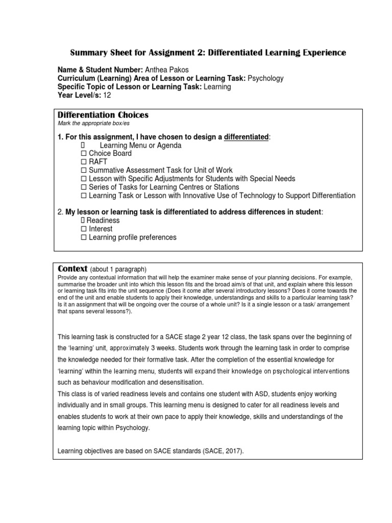 Differentiation Assignment 2 | PDF | Learning Theory (Education ...