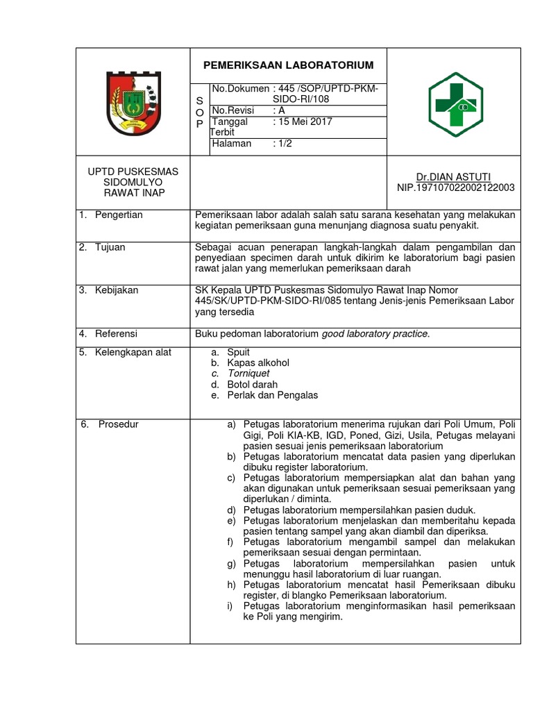 8.1.2.2 Sop Pemeriksaan Laboratorium | PDF