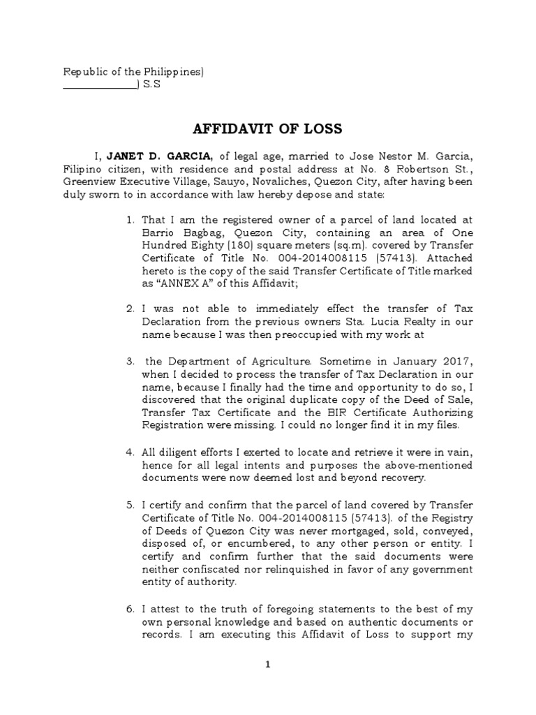 Affidavit of Loss Deed of Sale | PDF | Affidavit | Deed