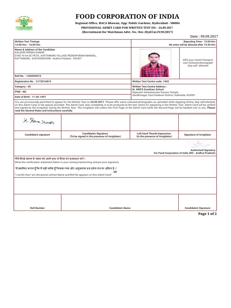 Fci :: Admit Card | PDF | Identity Document | Test (Assessment)
