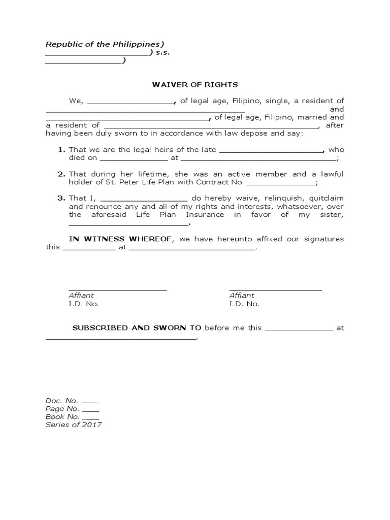Waiver of Rights - St. Peter - Template | PDF | Civil Law (Common Law ...