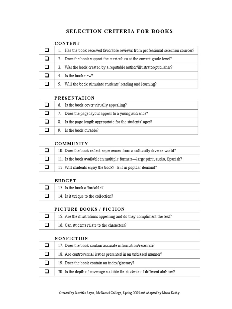 Book Selection Criteria for Educators | PDF