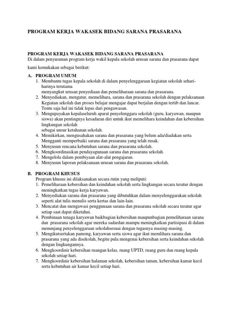 Program Kerja Wakasek Sarpras Sekolah | PDF