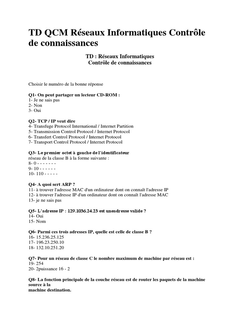 TD QCM Réseaux Informatiques Contrôle de Connaissances | Protocoles Internet | Réseau informatique
