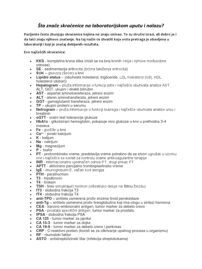Šta Znače Skraćenice Na Laboratorijskom Uputu I Nalazu | PDF