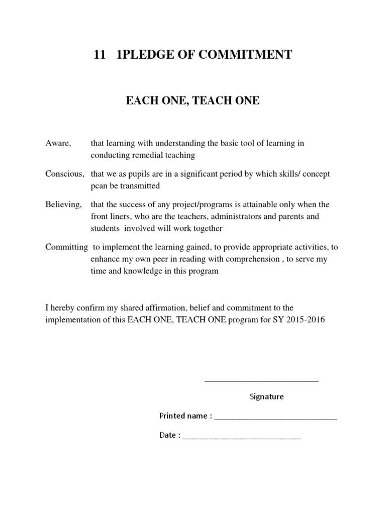 Pledge of Commitment | PDF | Reading Comprehension | Teachers