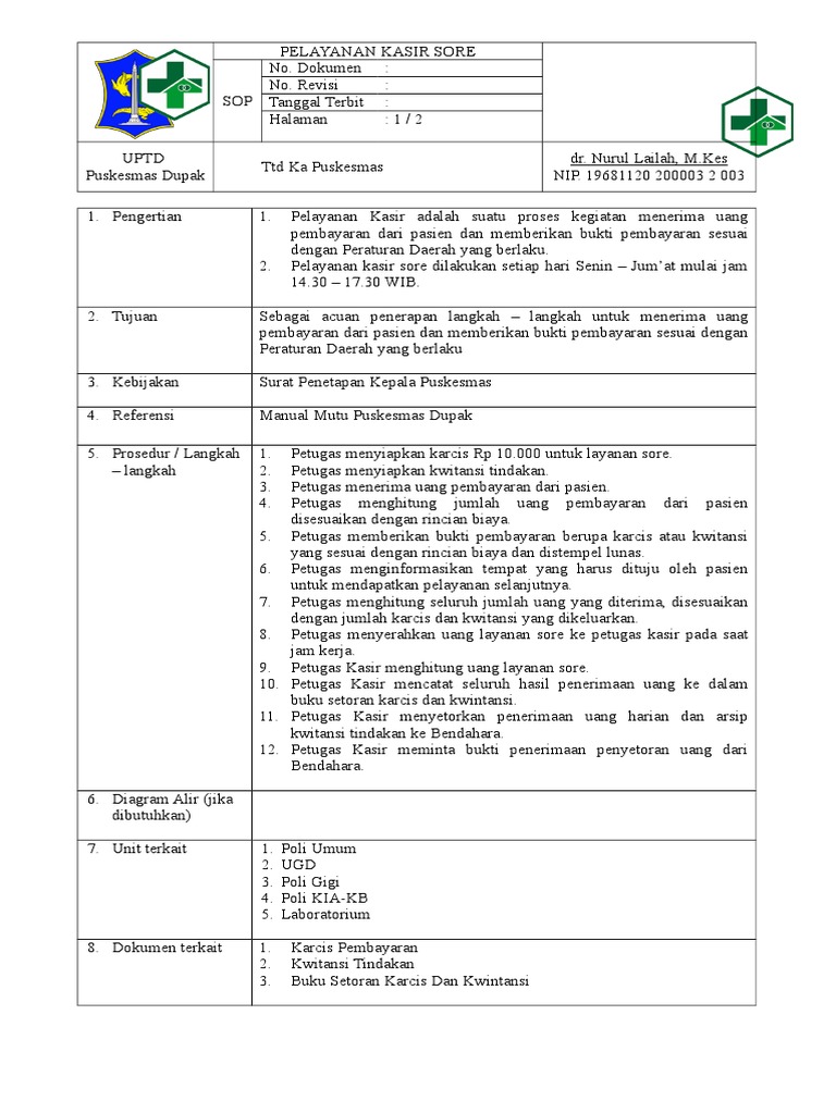 Sop Pelayanan Kasir Sore | PDF