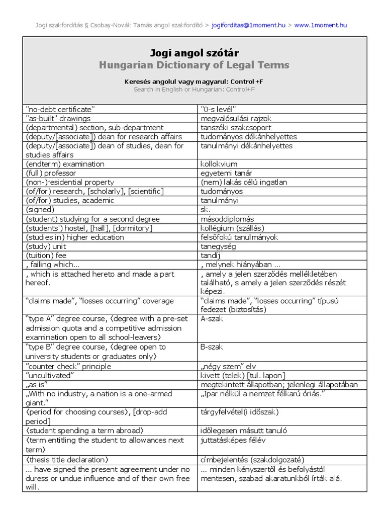 Angol-Magyar Jogi Szótár | PDF