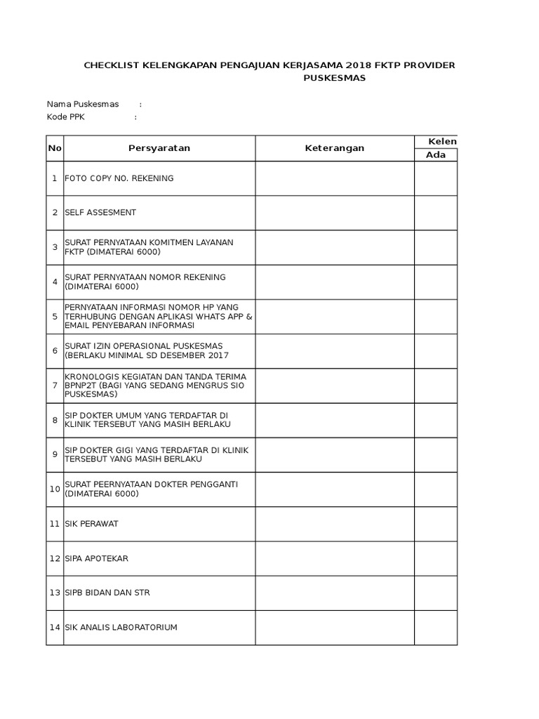 Cek List Kelengkapan Berkas Puskesmas | PDF