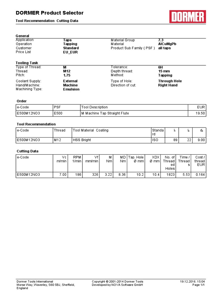 DORMER Product Selector: Tool Recommendation Cutting Data | PDF | Tools ...