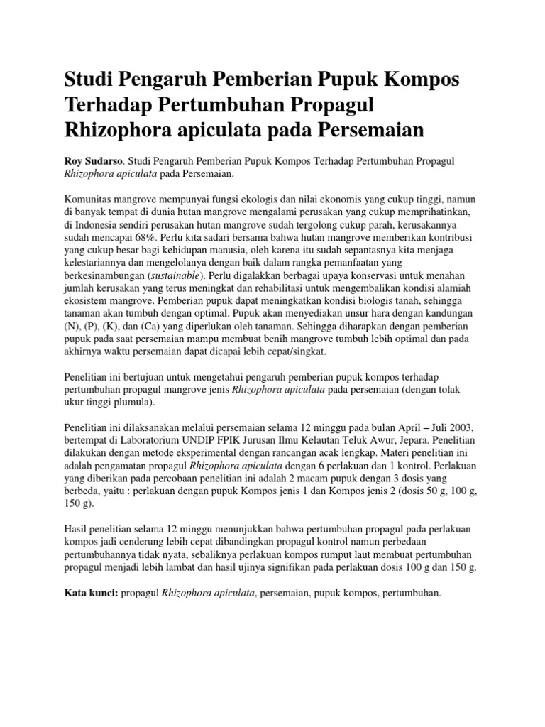 Studi Pengaruh Pemberian Pupuk Kompos Terhadap Pertumbuhan Propagul ...