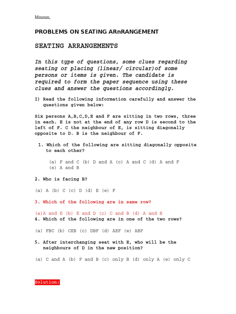 Seating Arrangement Problems Solutions Explained Step-by-Step | PDF ...