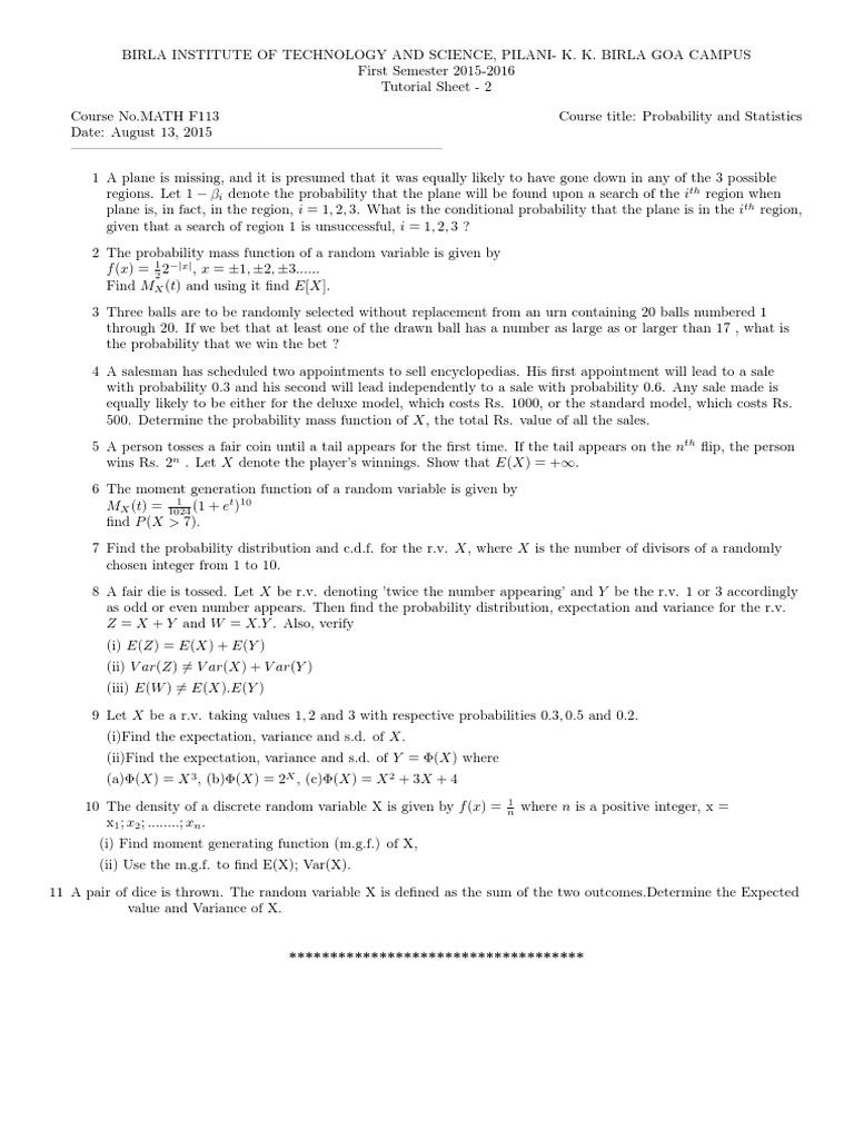 Tutorial Sheet 2 | PDF | Random Variable | Expected Value