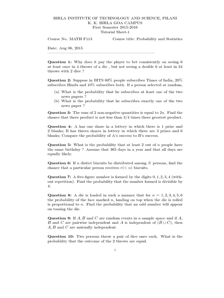 Tutorial 1 | PDF | Probability | Probability Theory