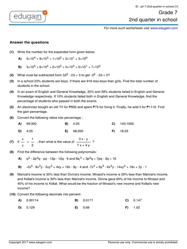 Grade 7 2nd Quarter in School PH | Fraction (Mathematics ...