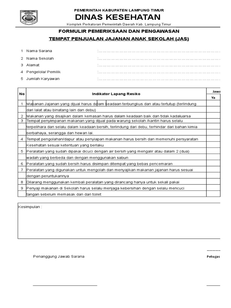 Form Pemeriksaan JAS Kantin Sekolah | PDF