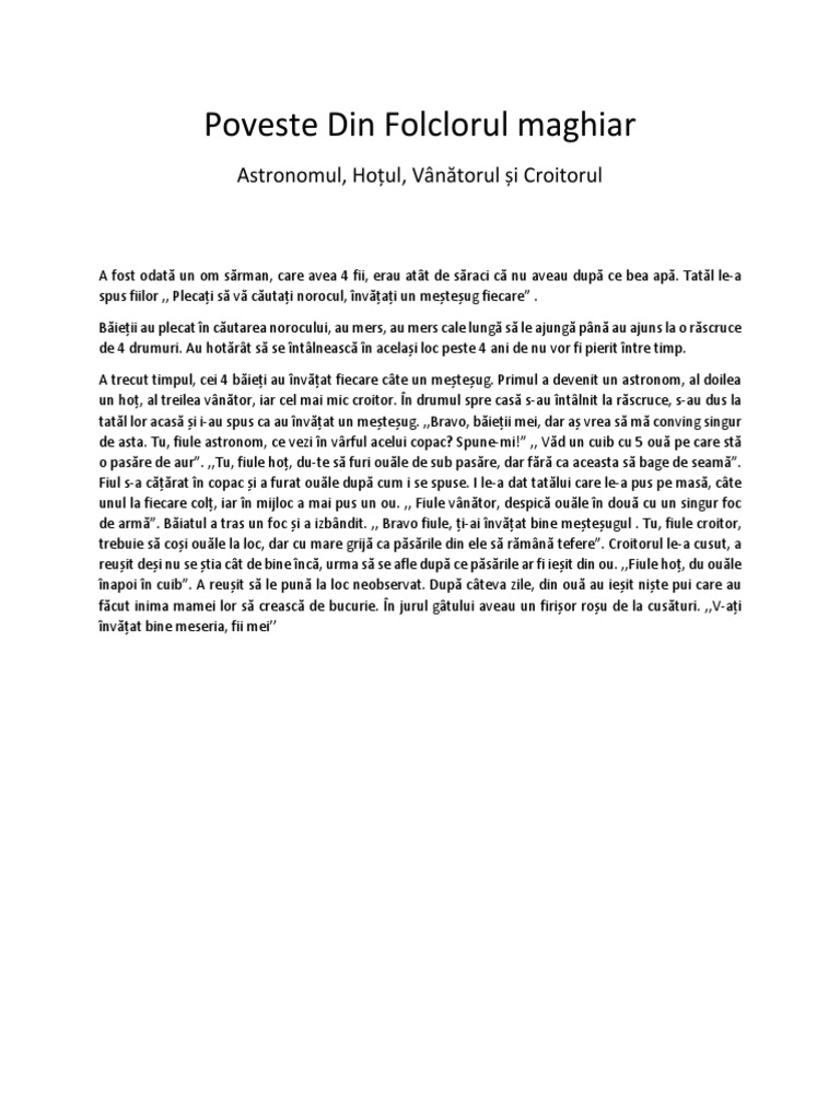 Poveste Din Folclorul Maghiar | PDF