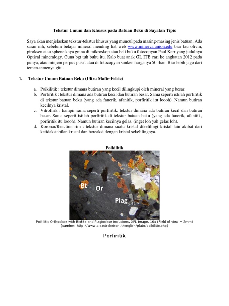 Tekstur Umum Dan Khusus Pada Batuan Beku Di Sayatan Tipis | PDF
