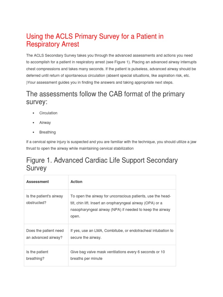 ACLS Primary Survey Guide for Respiratory Arrest | PDF ...