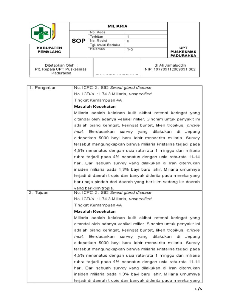SOP Miliaria Puskesmas Paduraksa | PDF