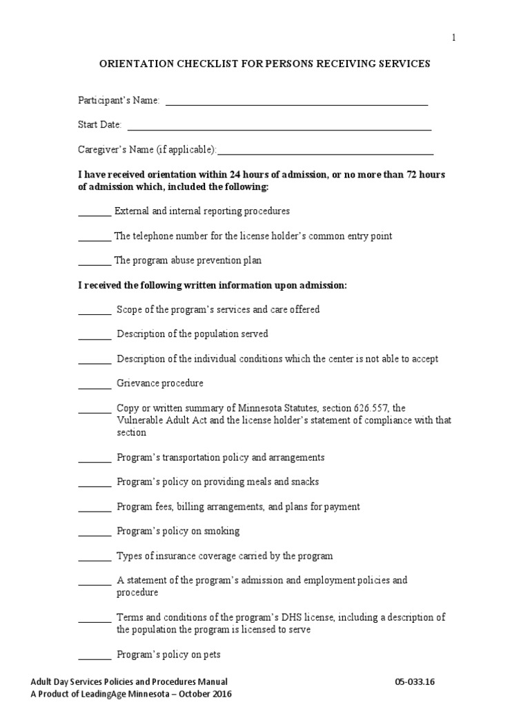 05-033.16 Orientation Checklist For Person's Receiving Services ...