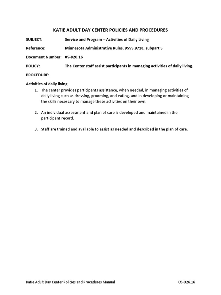 Katie Adult Day Center Policies and Procedures Manual 05-026.16 | PDF ...