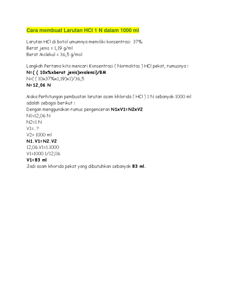 Cara Membuat Larutan HCL 1 N Dalam 1000 ML | PDF
