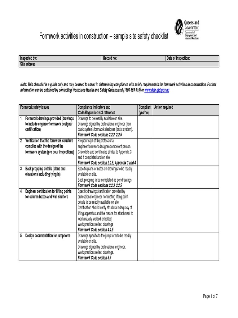 Formwork Activities in Construction - Sample Site Safety Checklist ...