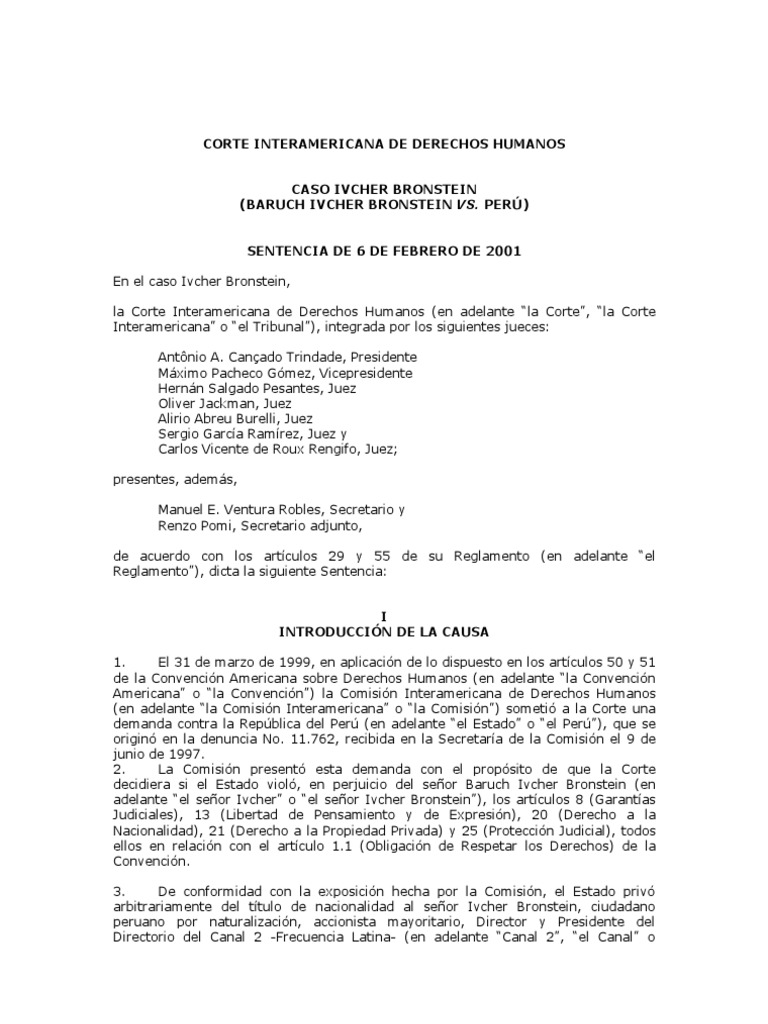 Sentencia Caso Baruch Ivcher Contra El Estado Peruano - Corte ...