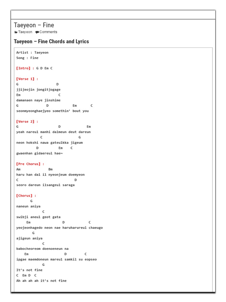Taeyeon - Fine Lyrics and Chords | PDF | Song Structure | Popular Music