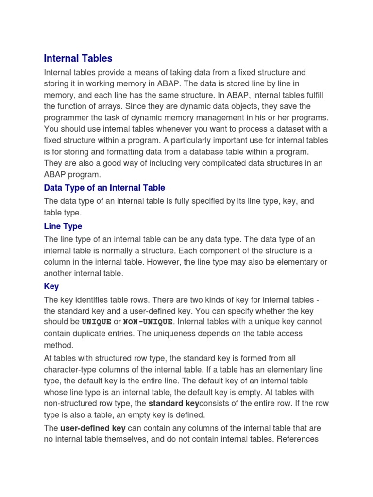 Internal Tables: Data Type of An Internal Table | PDF | Database Index | Data Type