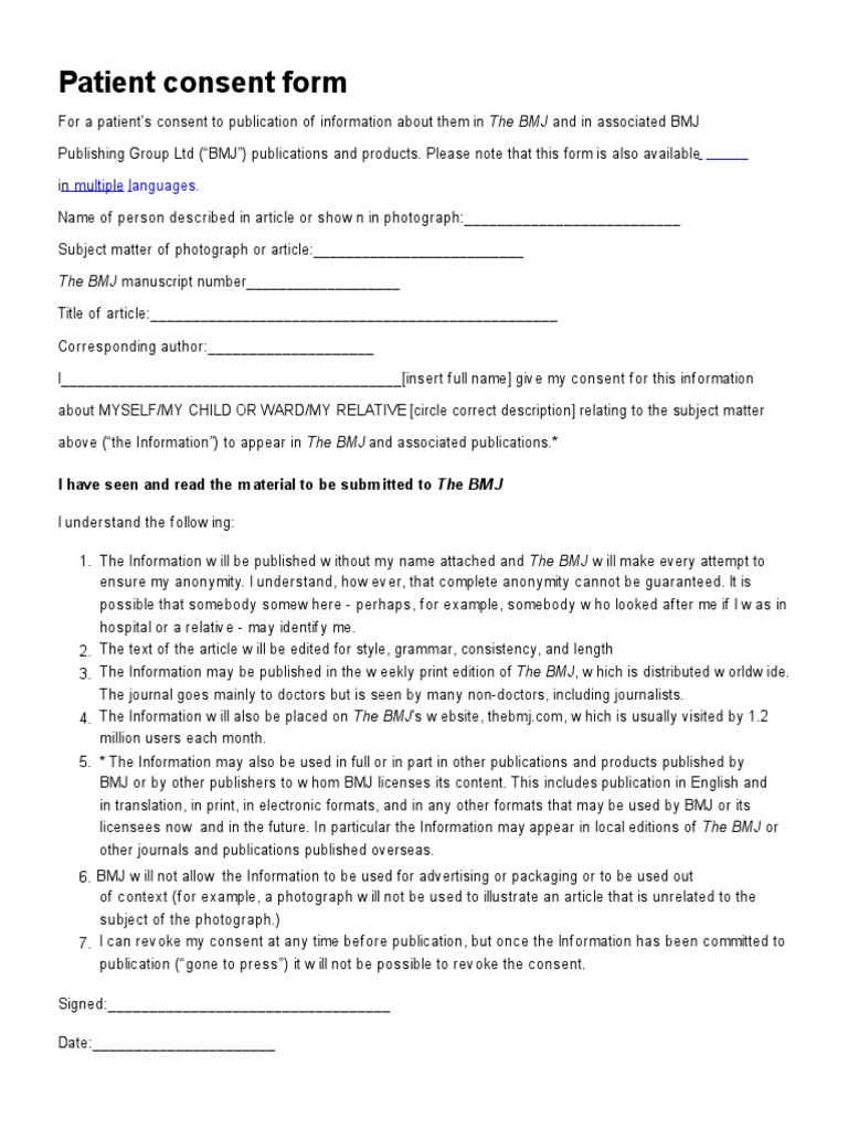 Patient Consent Form - The BMJ | PDF | Communication