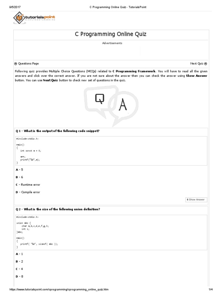 C Programming Online Quiz Tutorialspoint C Programming Language Control Flow