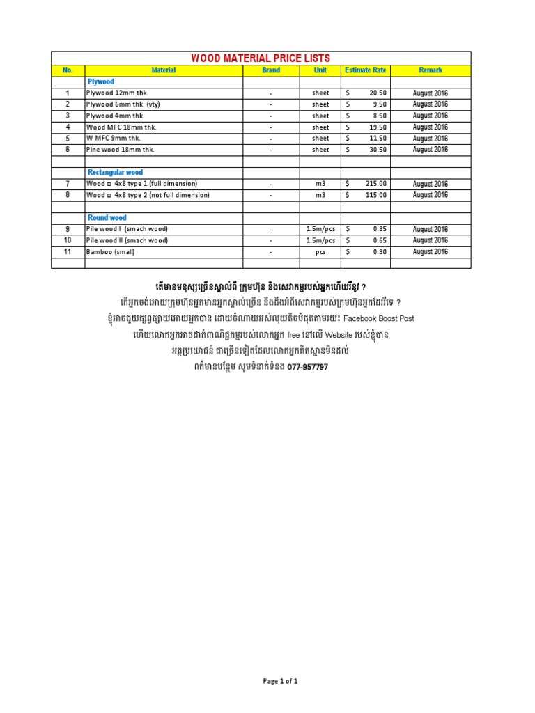 ក្តារពុម្ភ (Form work price list) | PDF
