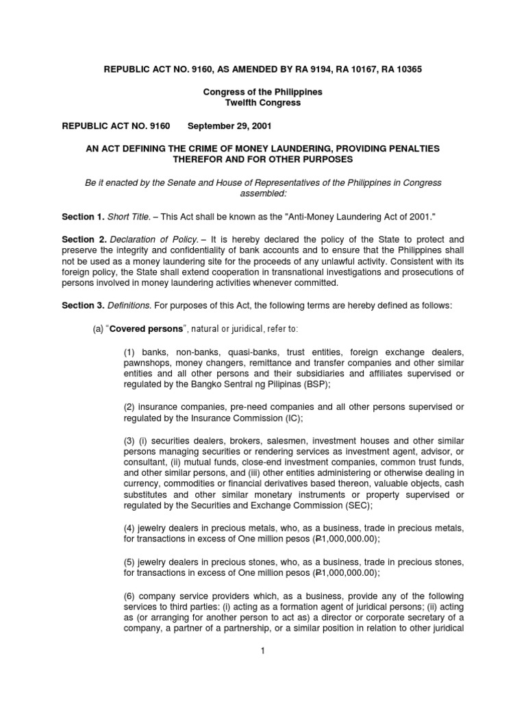 RA 9160 Amended | Money Laundering | Asset Forfeiture