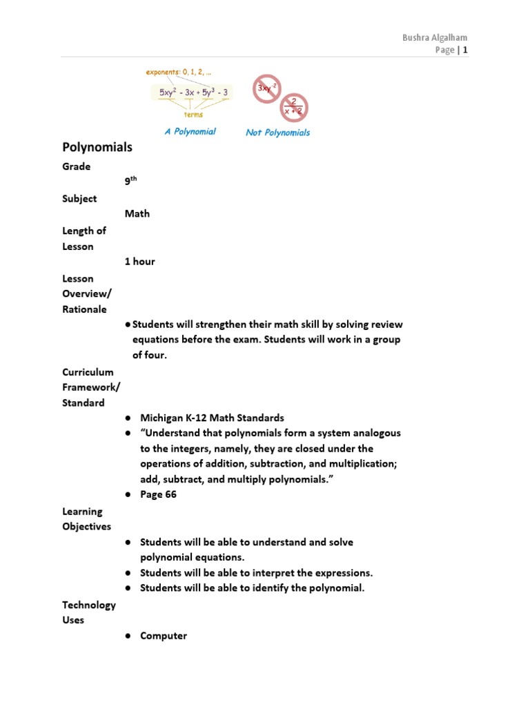 Lesson Plan 1 | PDF | Polynomial | Multiplication