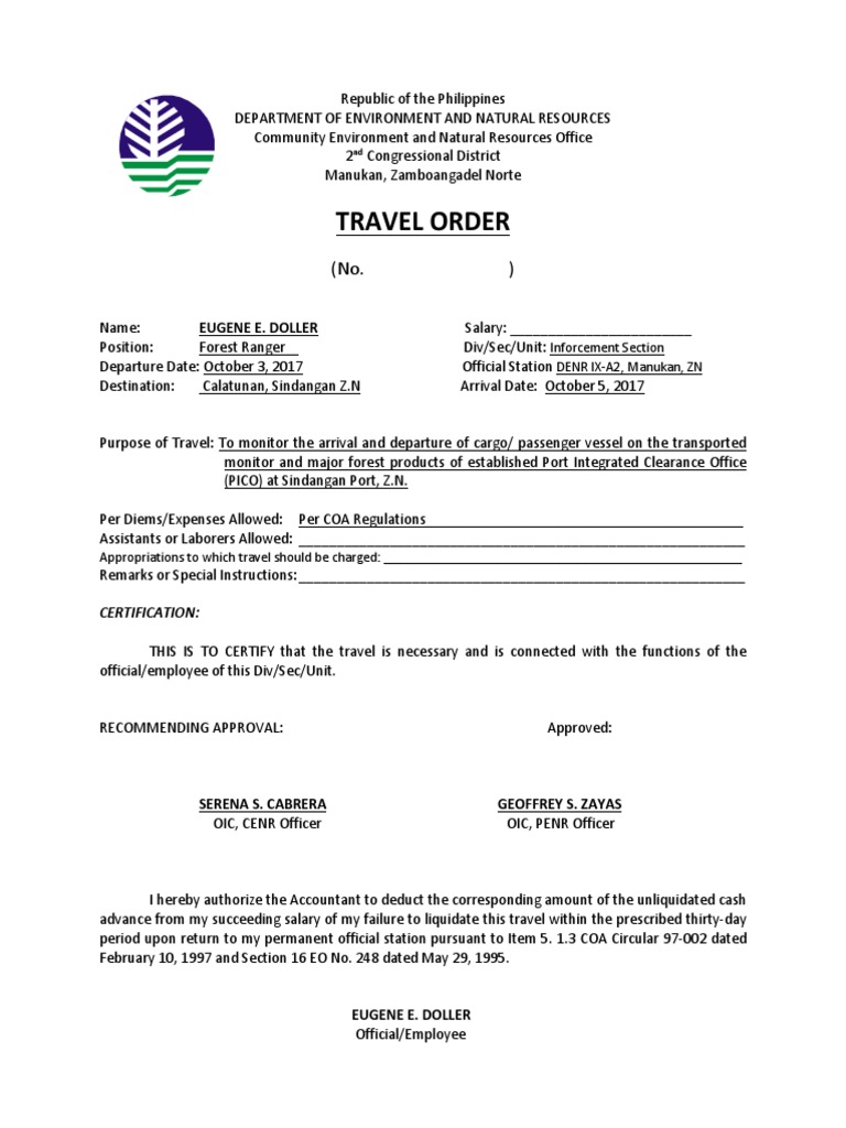 Travel Order - Eugene | PDF | Business