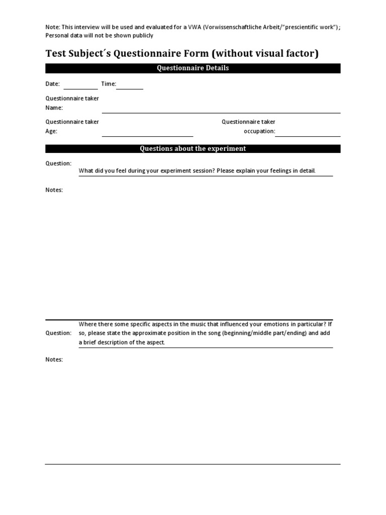 Test Subject S Questionnaire Form (Without Visual Factor) | PDF