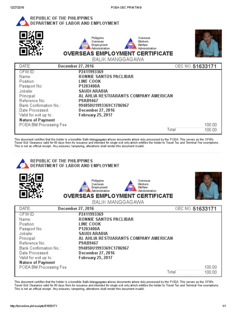 Poea Oec Printing | PDF | Passport | International Law