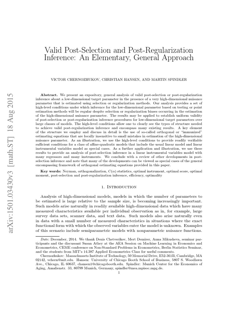 Valid Post-Selection and Post-Regularization Inference: An Elementary, General Approach | PDF ...