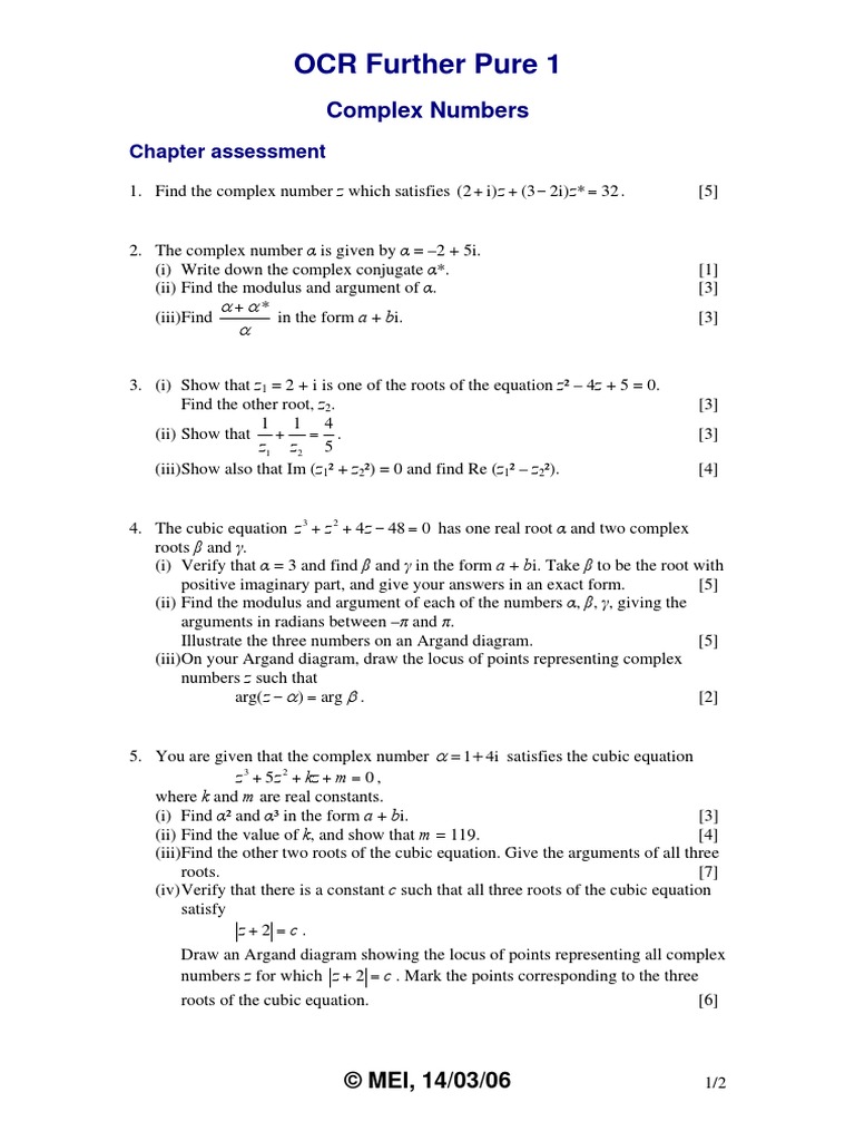 Complex Numbers Assessment OCR FP1 | PDF | Complex Number | Analysis