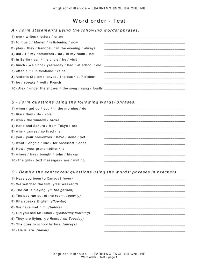 Word Order - Test: A - Form Statements Using The Following Words ...